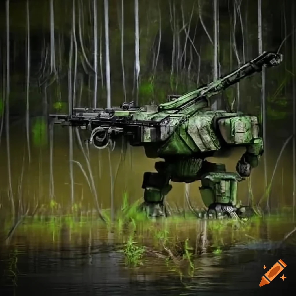 Camouflaged mech robot scanning the swamp at night on Craiyon
