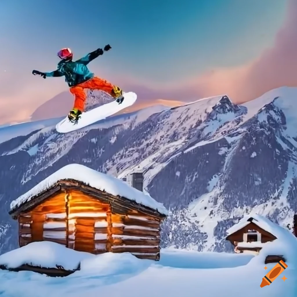 Snowboarder jumping over a cabin in a snowy mountain village on Craiyon