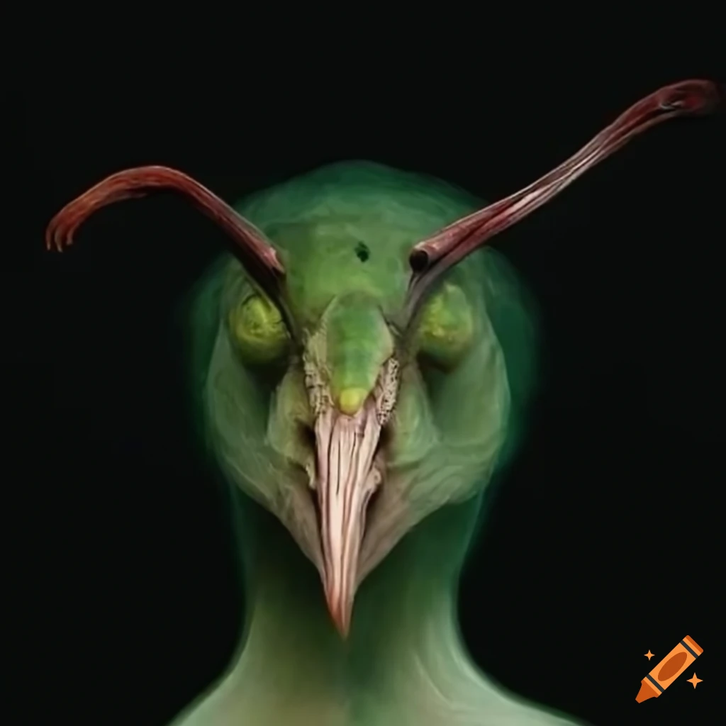 Surreal creature with green ibis head and human body on Craiyon