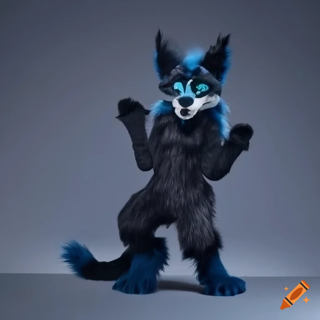 Fursuit of a black skull wolf with dark blue hair on Craiyon