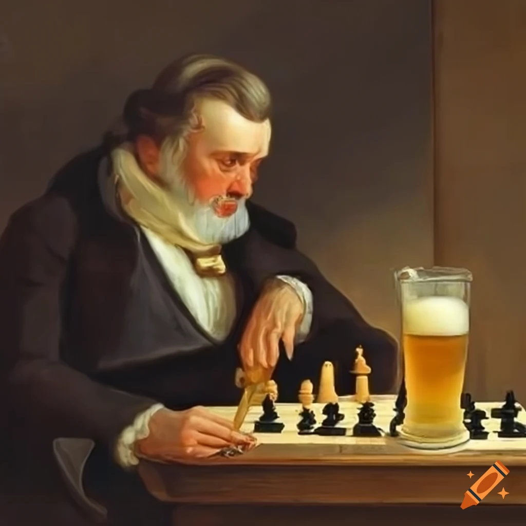Sir Edmond Halley playing chess with a beer on Craiyon
