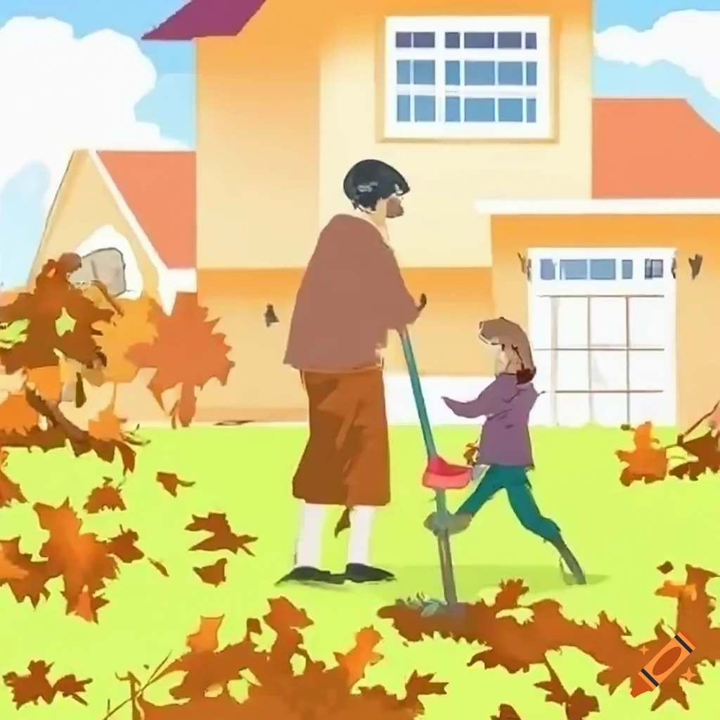 A young girl and a man raking leaves in the front yard