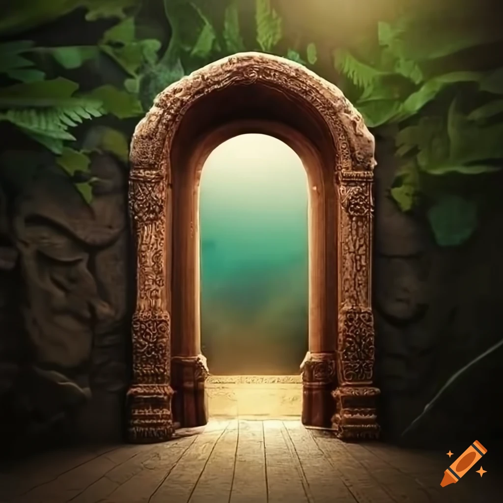 Stone door with moss and fern, cinematic lighting on Craiyon