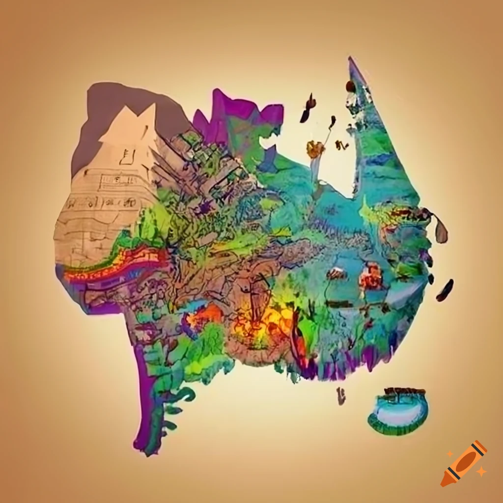 Artistic map of australia with diverse wildlife and landmarks on Craiyon