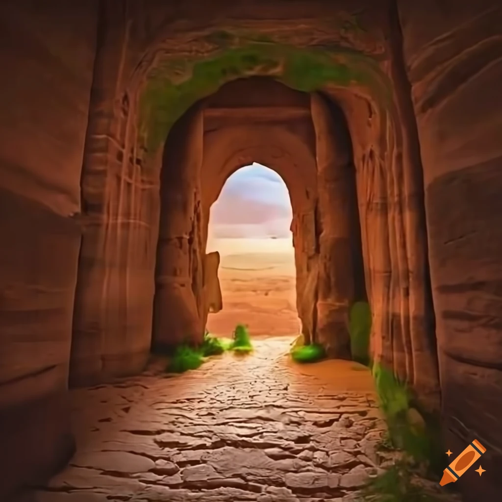 Ancient Petra-style door on a cliff on Craiyon