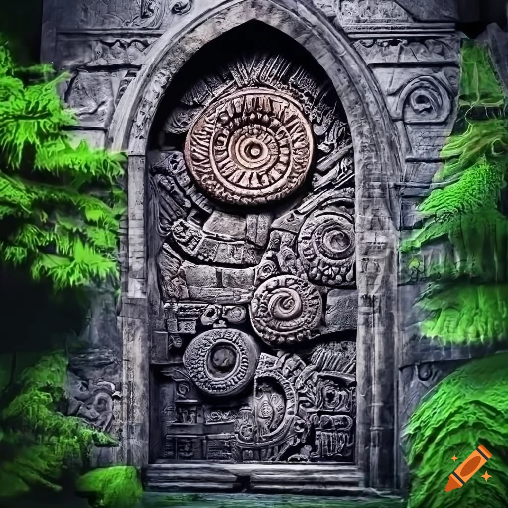 Carved aztec symbols on a shale rock cathedral door on Craiyon