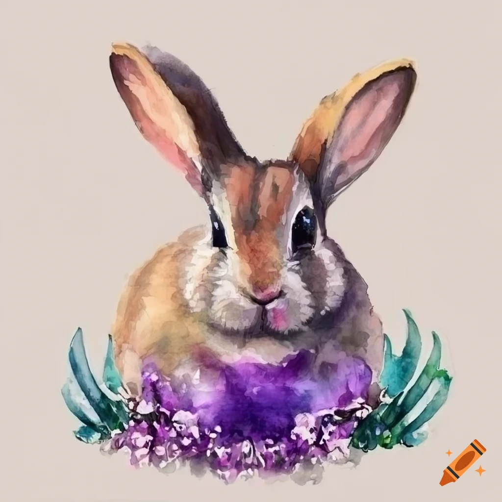 Watercolor painting of a cute rabbit with amethyst crystals and ...