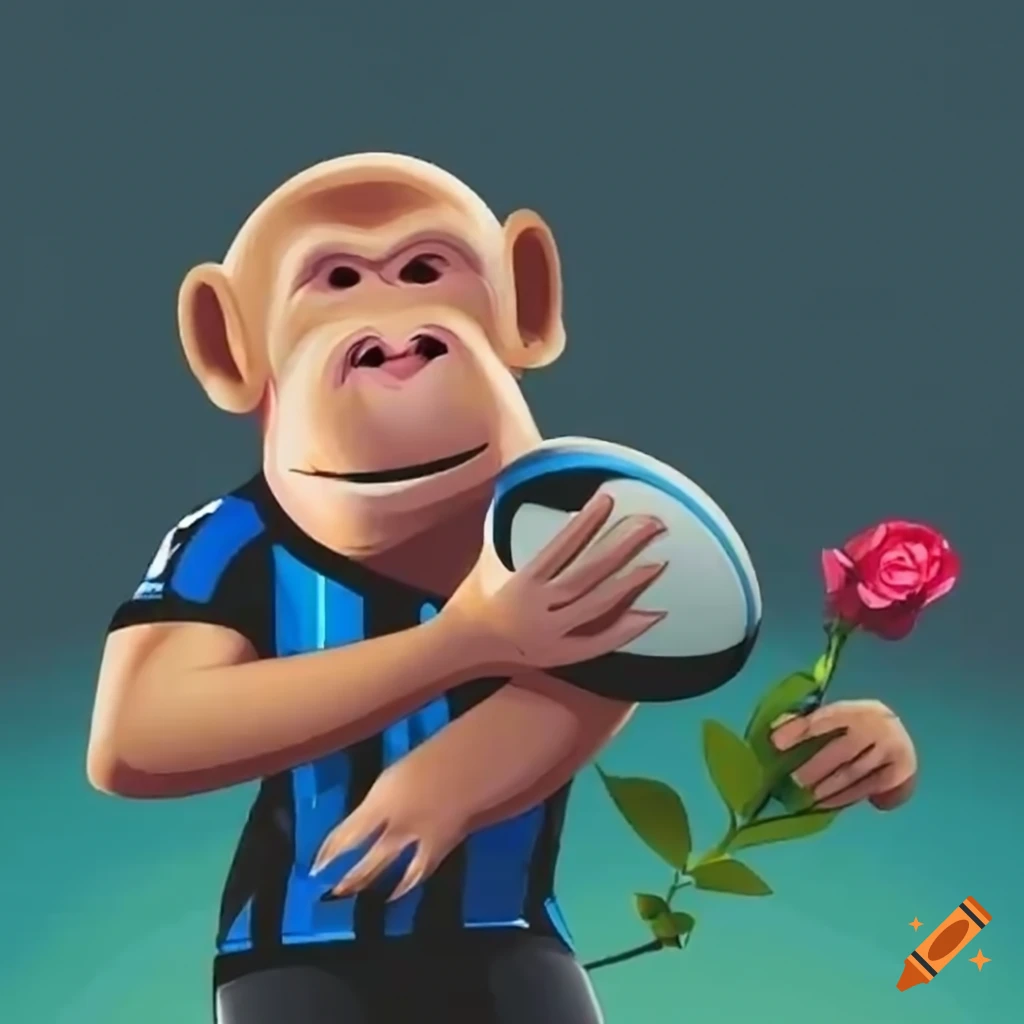 Rugby-playing macaque monkey with flower roses