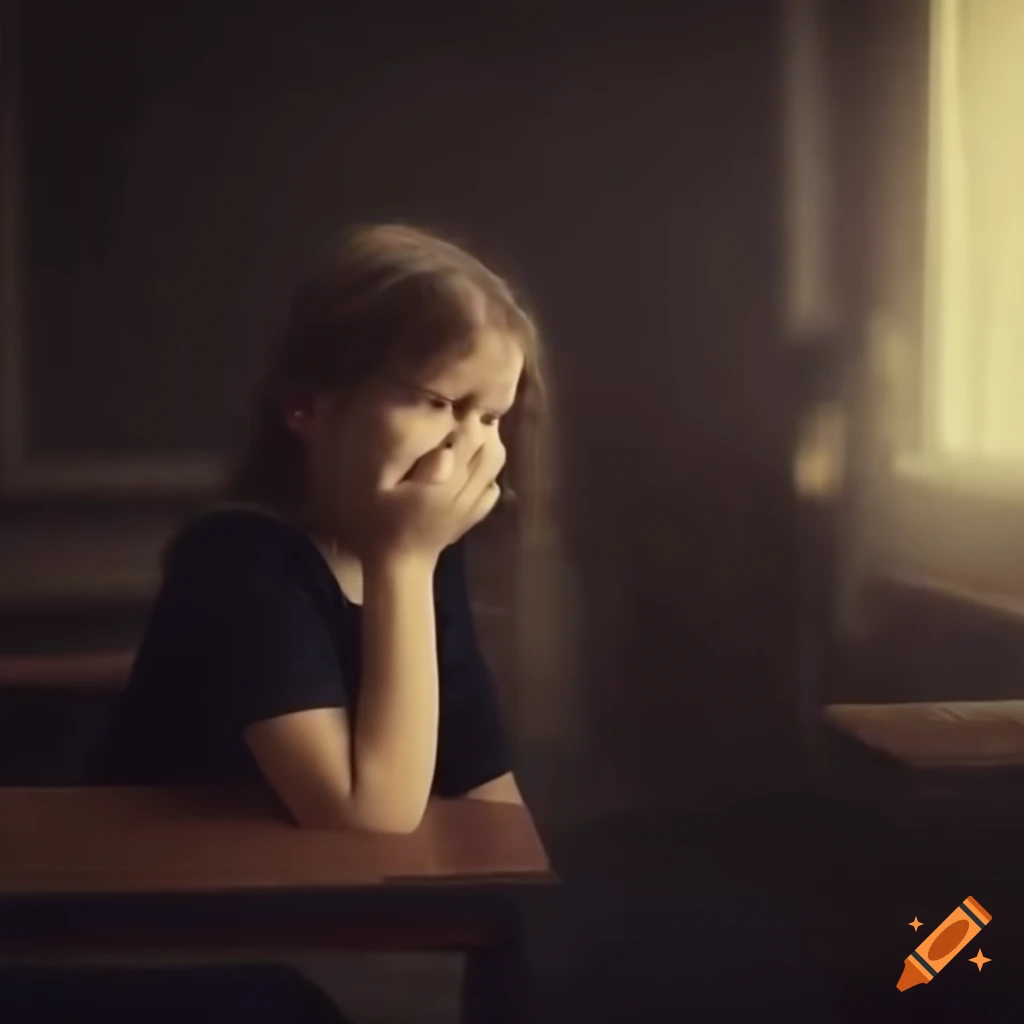 Retro photograph of a sad girl in class surrounded by ghostly students ...