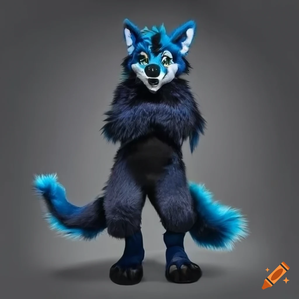 Black skull wolf fursuit with blue hair on Craiyon