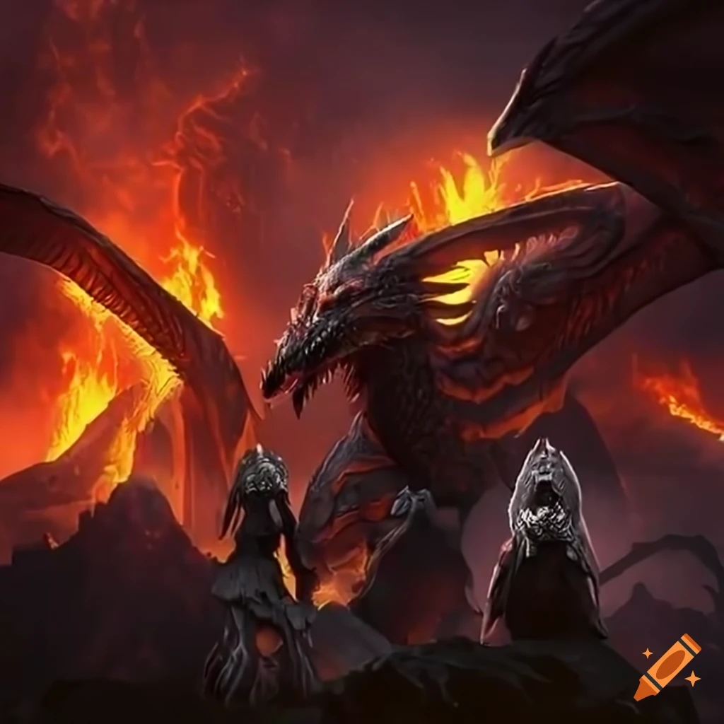 Epic battle between knight and dragon in volcanic landscape on Craiyon