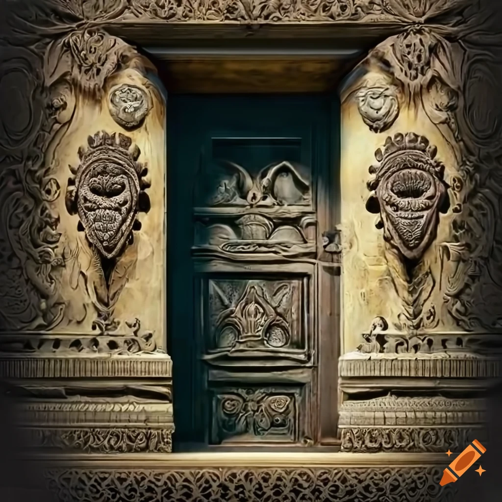 Intricate African symbols carved in a baroque shale rock door on Craiyon