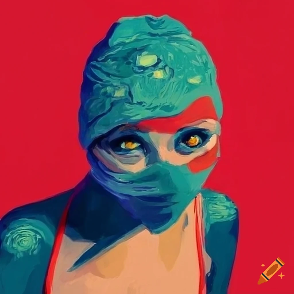Van gogh inspired art with a girl in a ski-mask and pink bikini on Craiyon