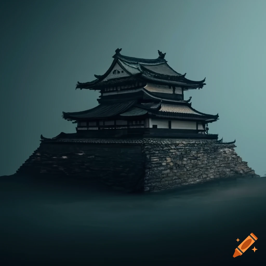 Grey Japanese fortress with giant surrounding walls on Craiyon