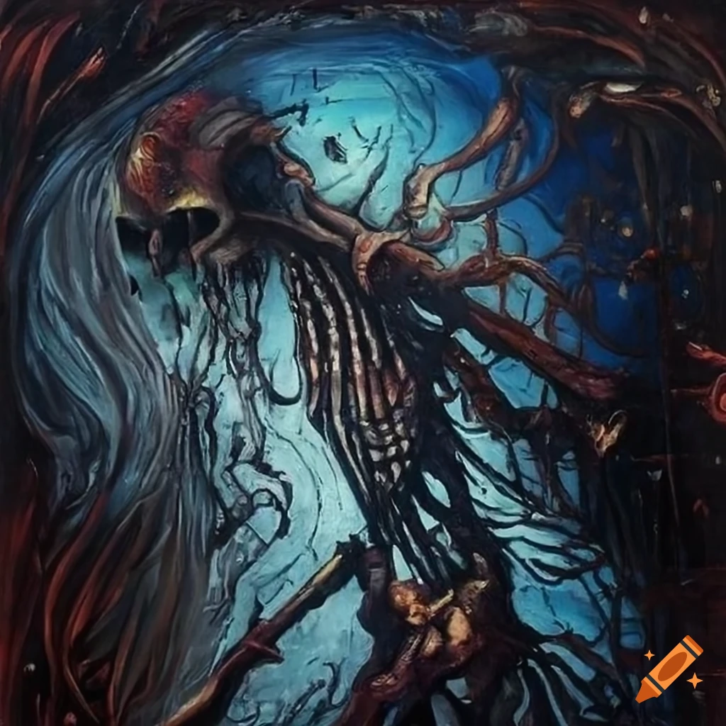 Dark oil painting of winged skeletal beings in a cosmic abyss on Craiyon