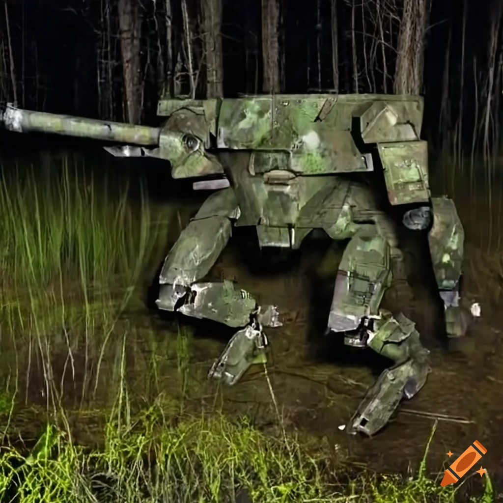 Camouflaged armored mech in a marsh at night on Craiyon