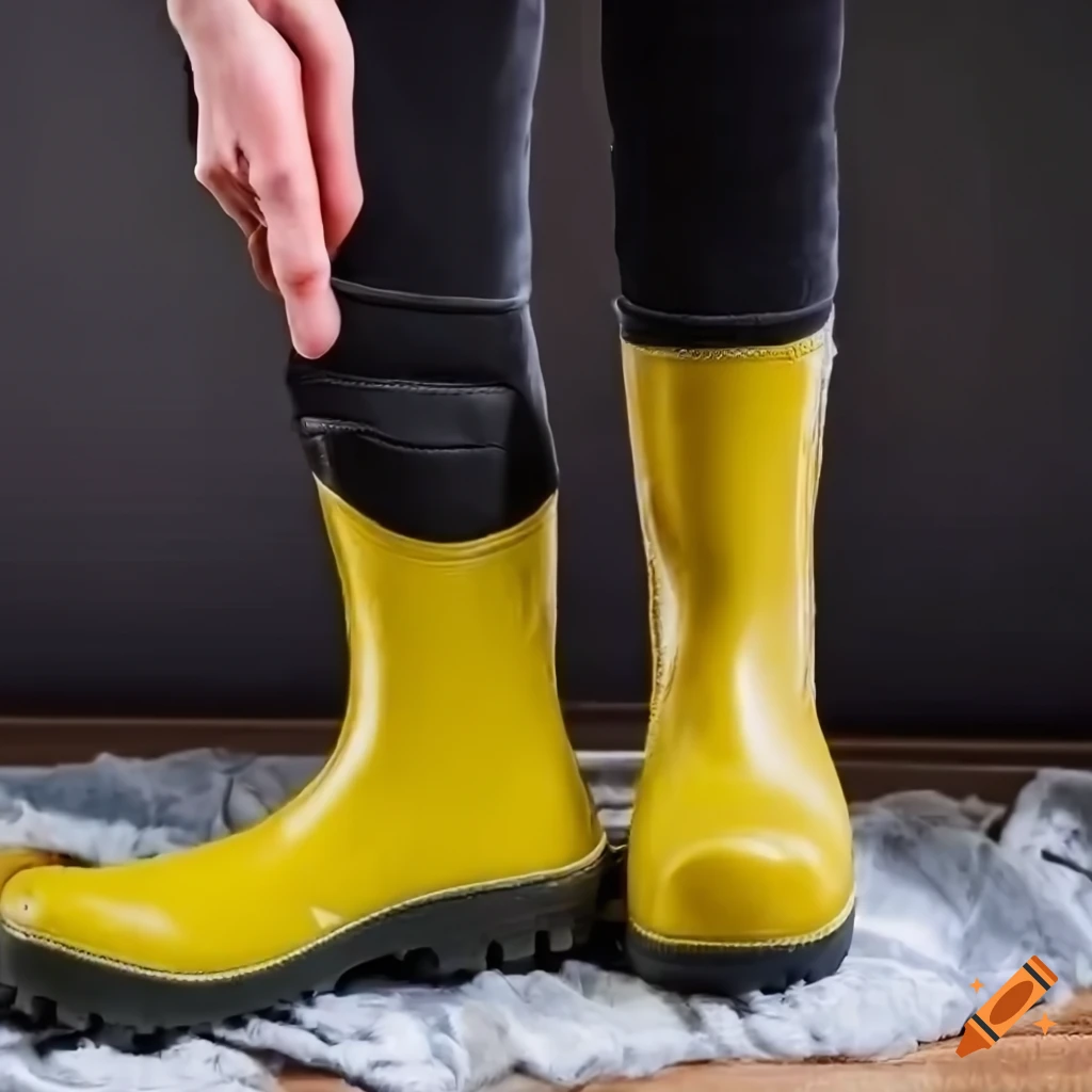 Close-up of black pants and rubber boots on a cozy blanket on Craiyon