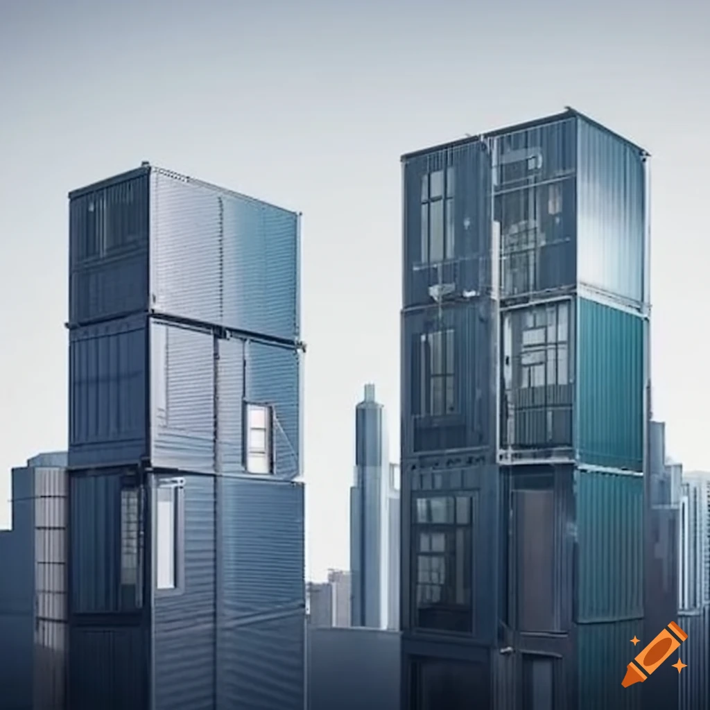 Container buildings among city skyscrapers on Craiyon