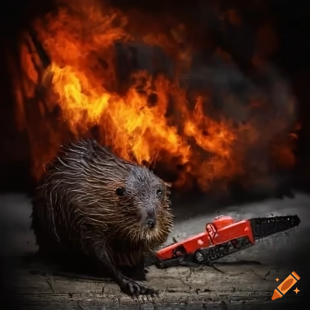 Beaver riding a motorcycle with a chainsaw in a burning city on Craiyon
