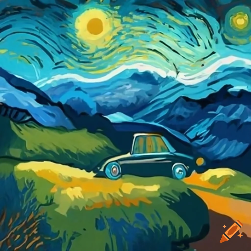 Van gogh's painting of a car driving through hills on Craiyon
