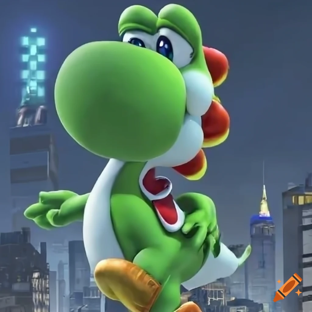 Yoshi wreaking havoc in a city