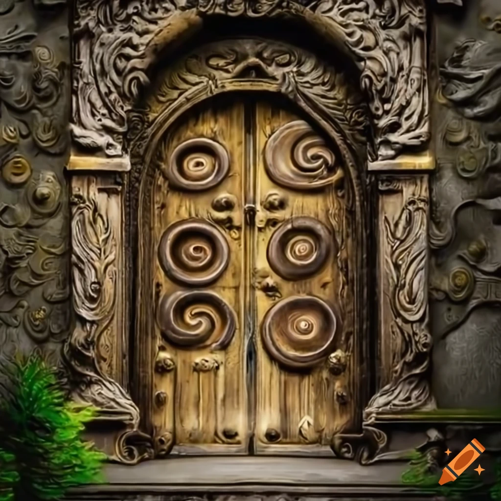 Intricate witchcraft symbols carved on a shale rock door on Craiyon