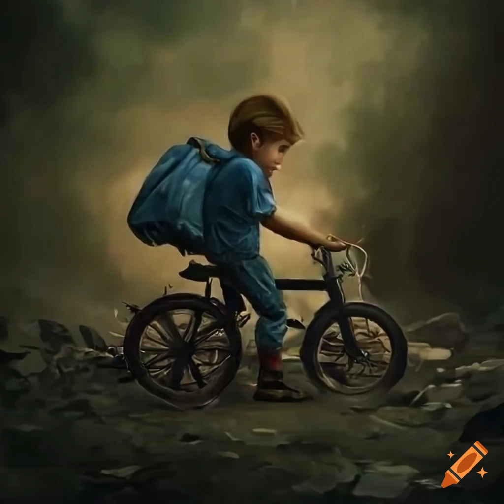 Hyperrealistic depiction of a boy falling off his bike
