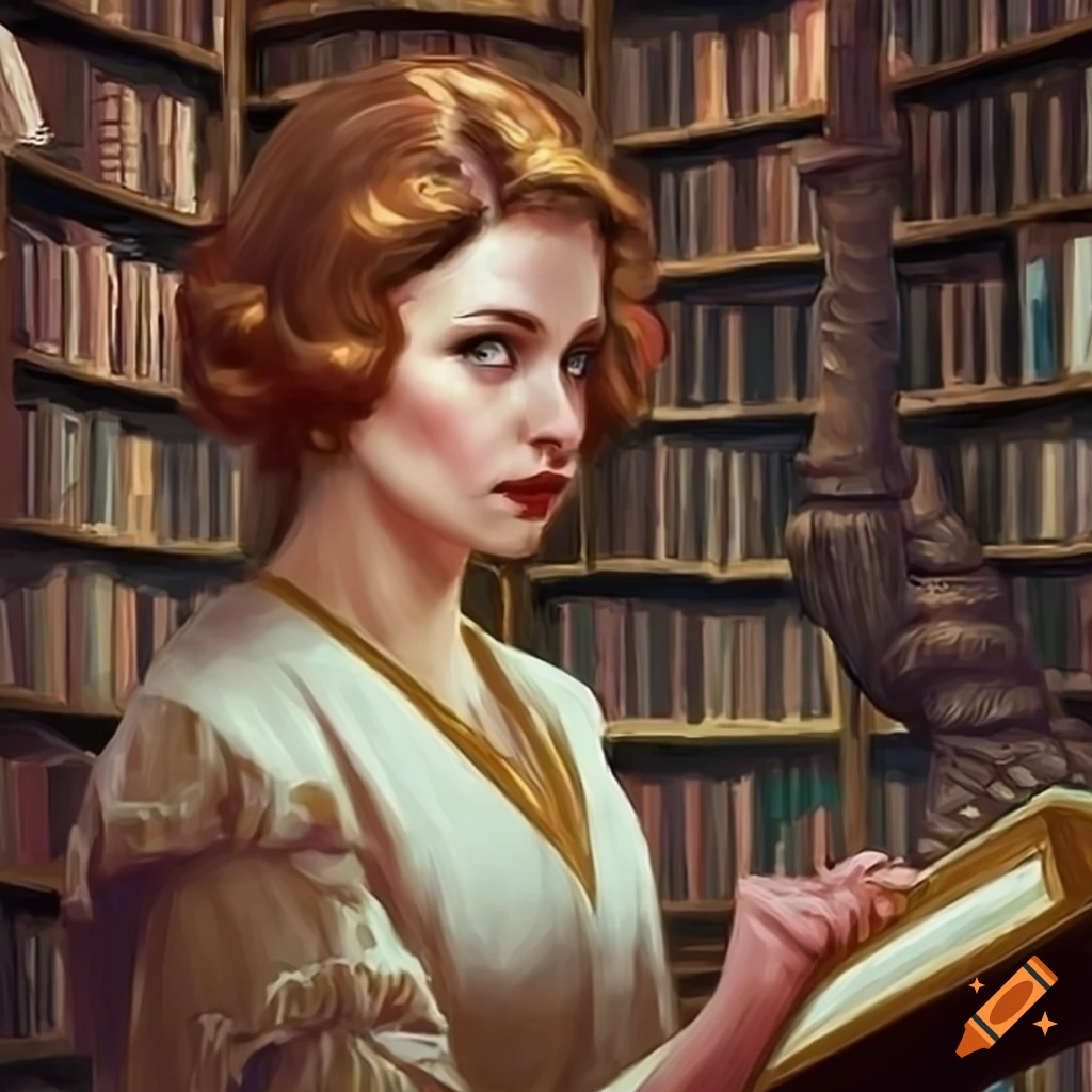 Woman in victorian dress holding a book in library on Craiyon