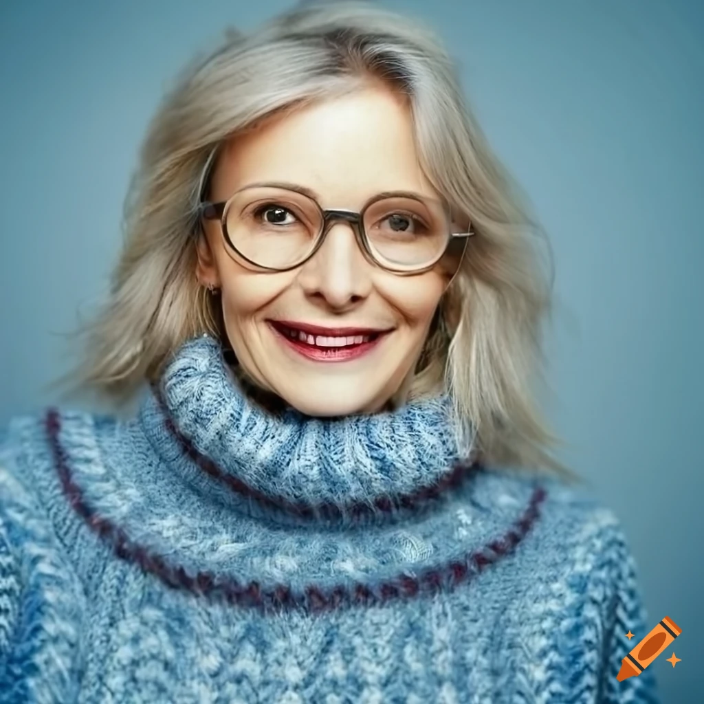 Portrait of a blonde woman with a narrow face and subtle signs of aging ...