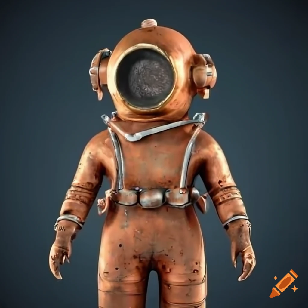 3d rendering of an old copper diving suit surrounded by vibrant corals