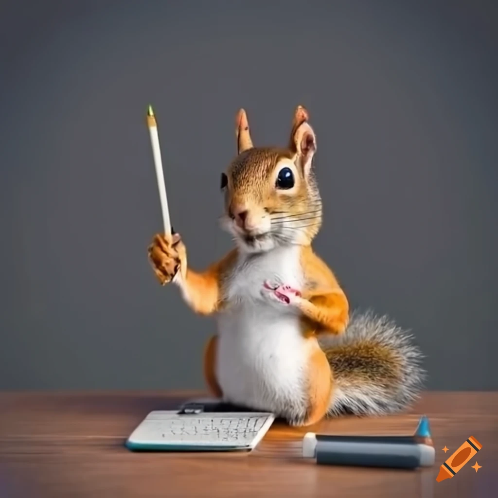 Humorous image of a squirrel at a desk with a pencil on Craiyon