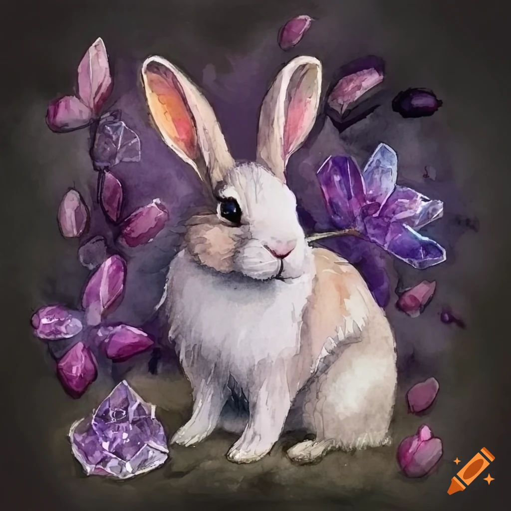 Watercolor of a cute rabbit with amethyst crystals and flowers on Craiyon