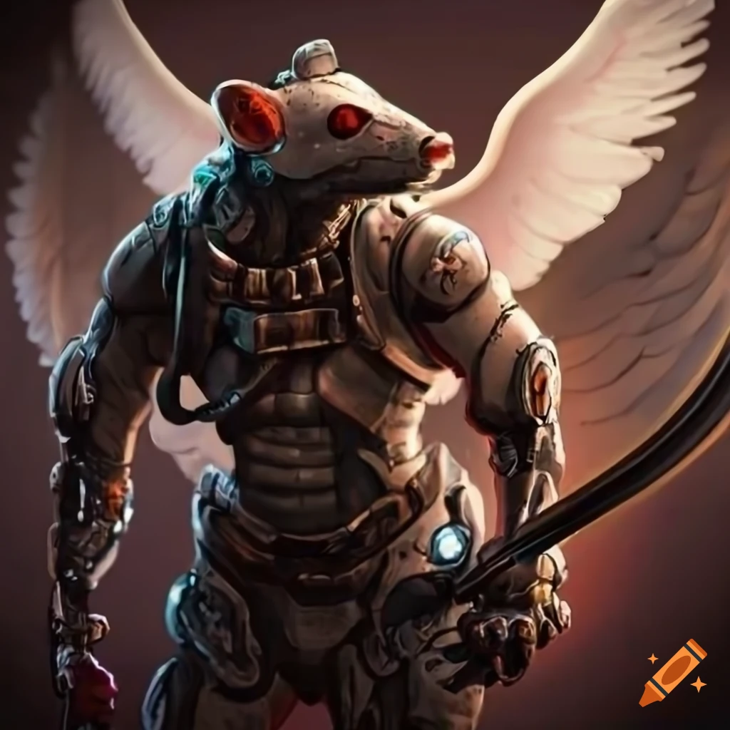 Cyborg rat with angel wings holding a sword in a battlefield