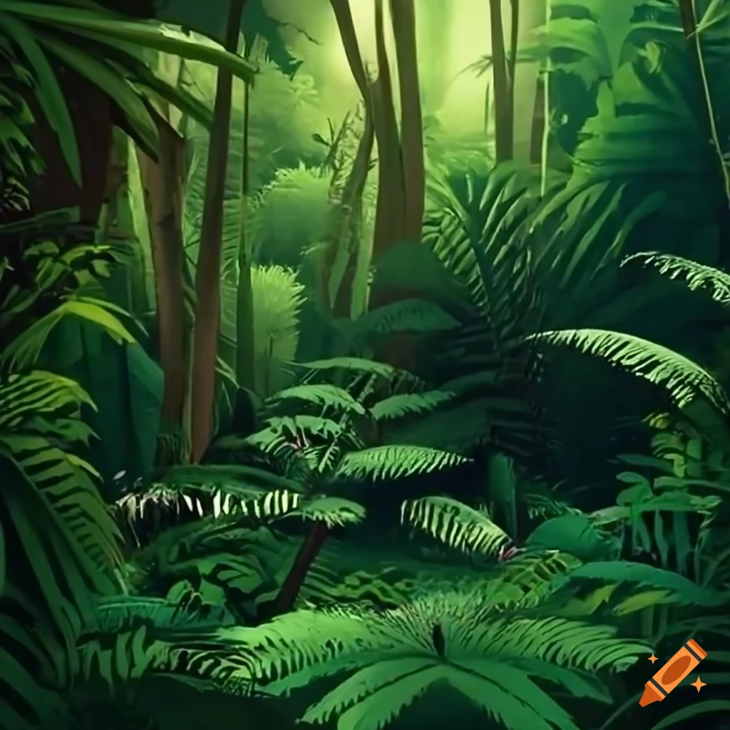 Tropical rainforest, giant trees, anime on Craiyon