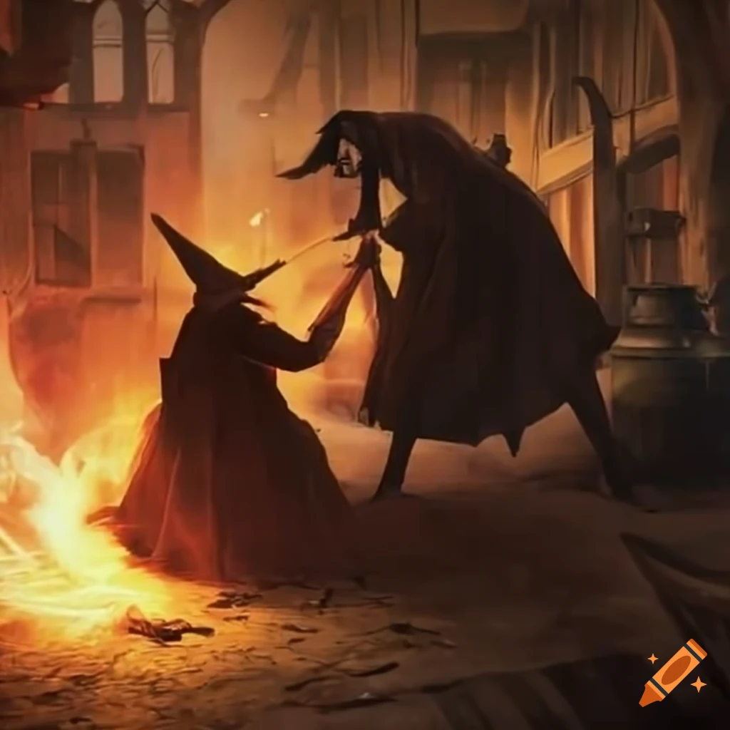 Illustration of witches and wizards in a fierce battle