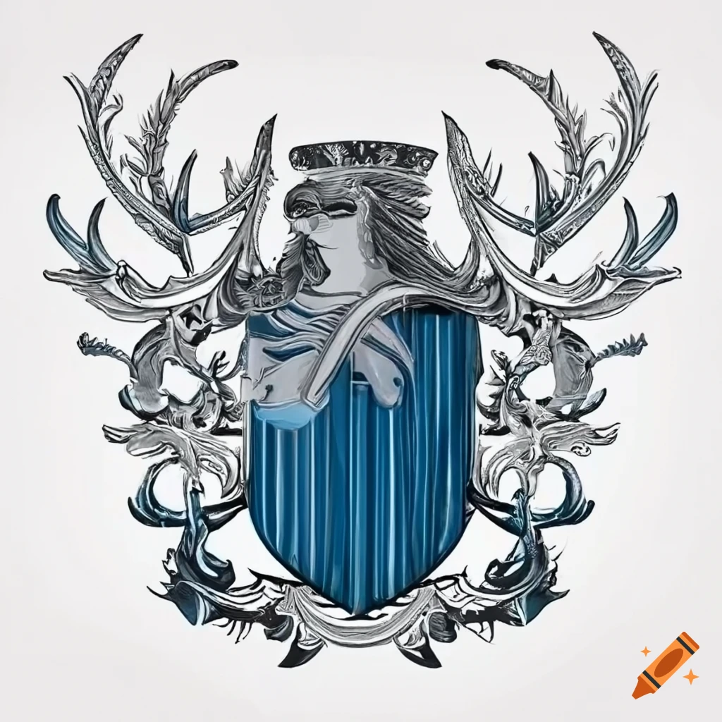 Blue and silver family crest with antler and laurel leaf design on Craiyon