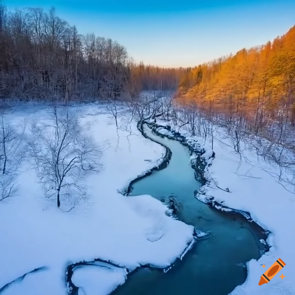 Winter scenery of a meandering river with snow on Craiyon