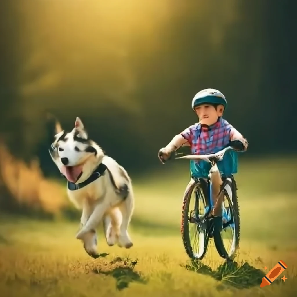 Young boy riding a bike with husky dogs on Craiyon