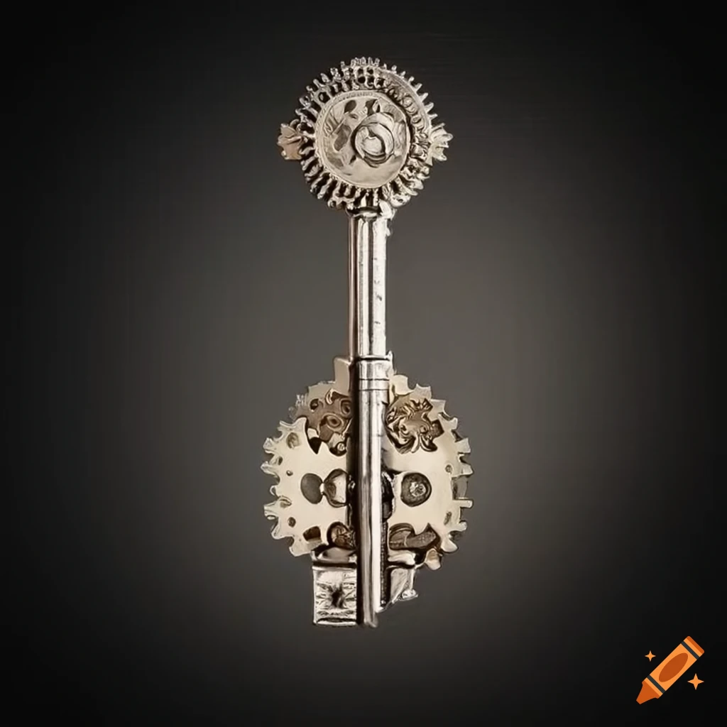 Intricate silver key with engravings and gears on Craiyon