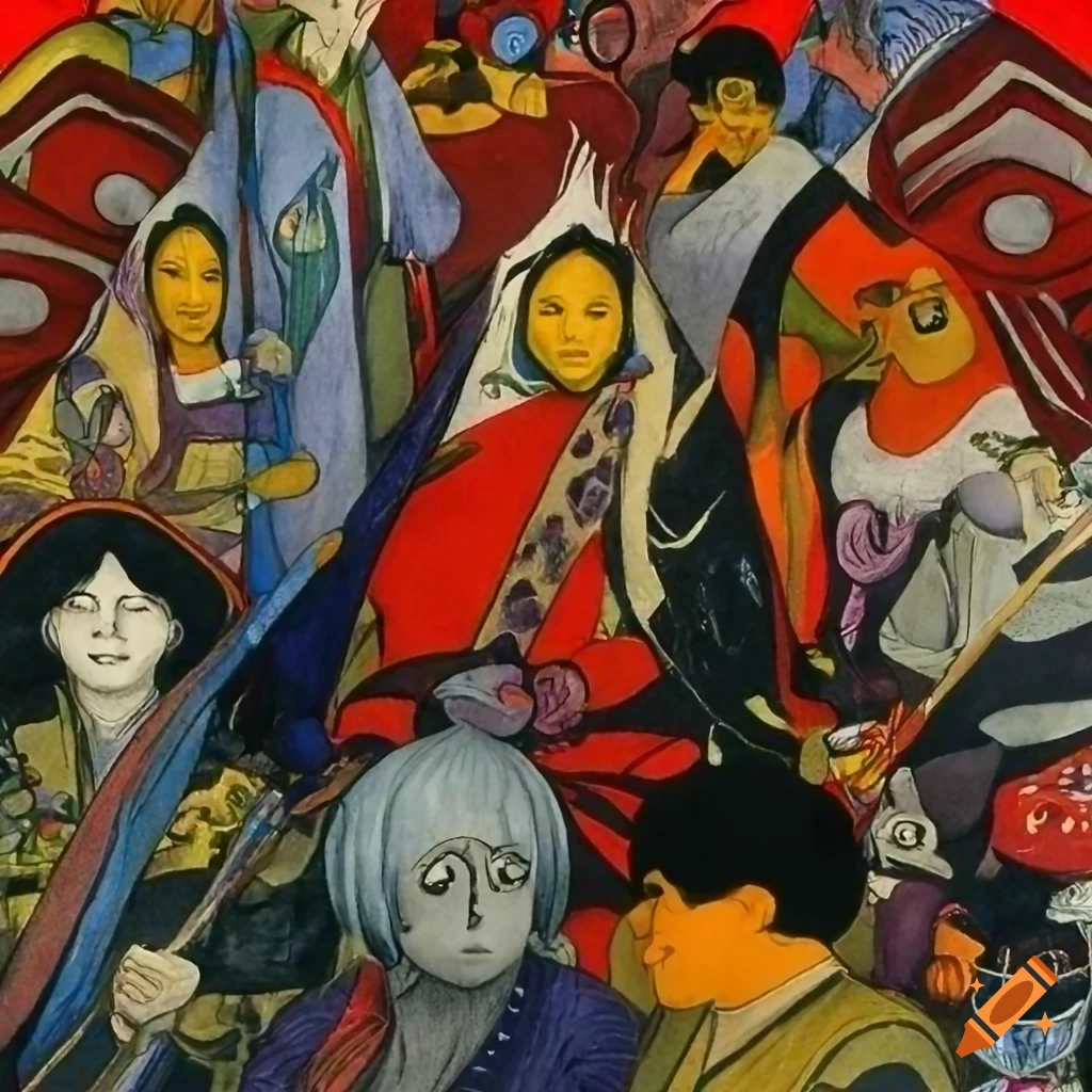 Colorful lithograph featuring Native Salish designs on Craiyon