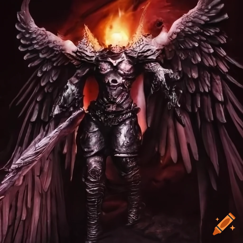 Powerful dark angel with fiery wings on Craiyon