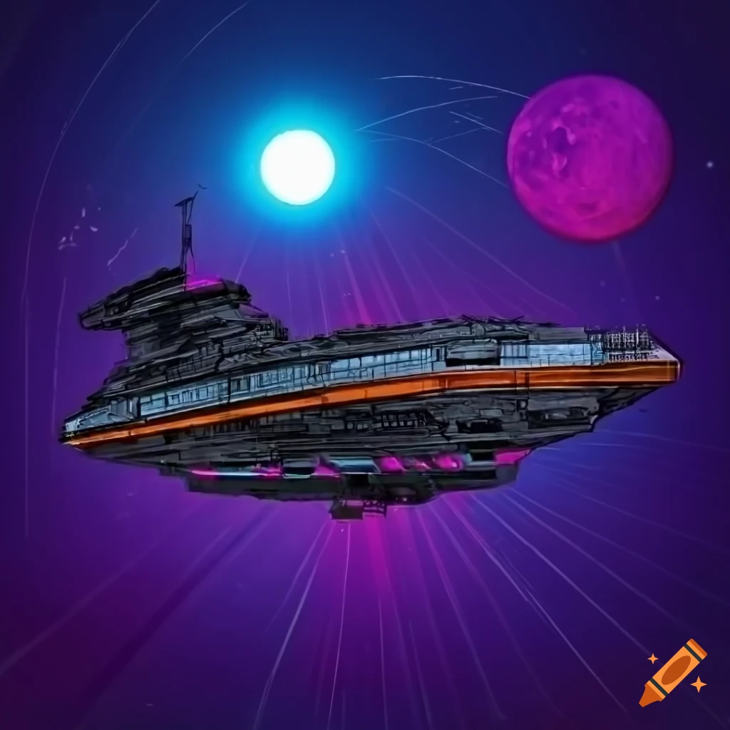 Neon cyberpunk space battleship with planets and sun on Craiyon