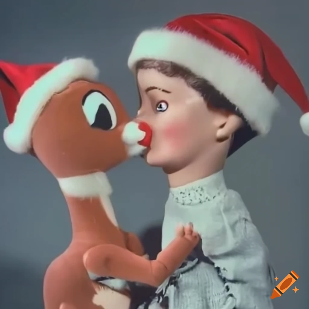 Vintage film still featuring animated dolls in Santa hats on Craiyon