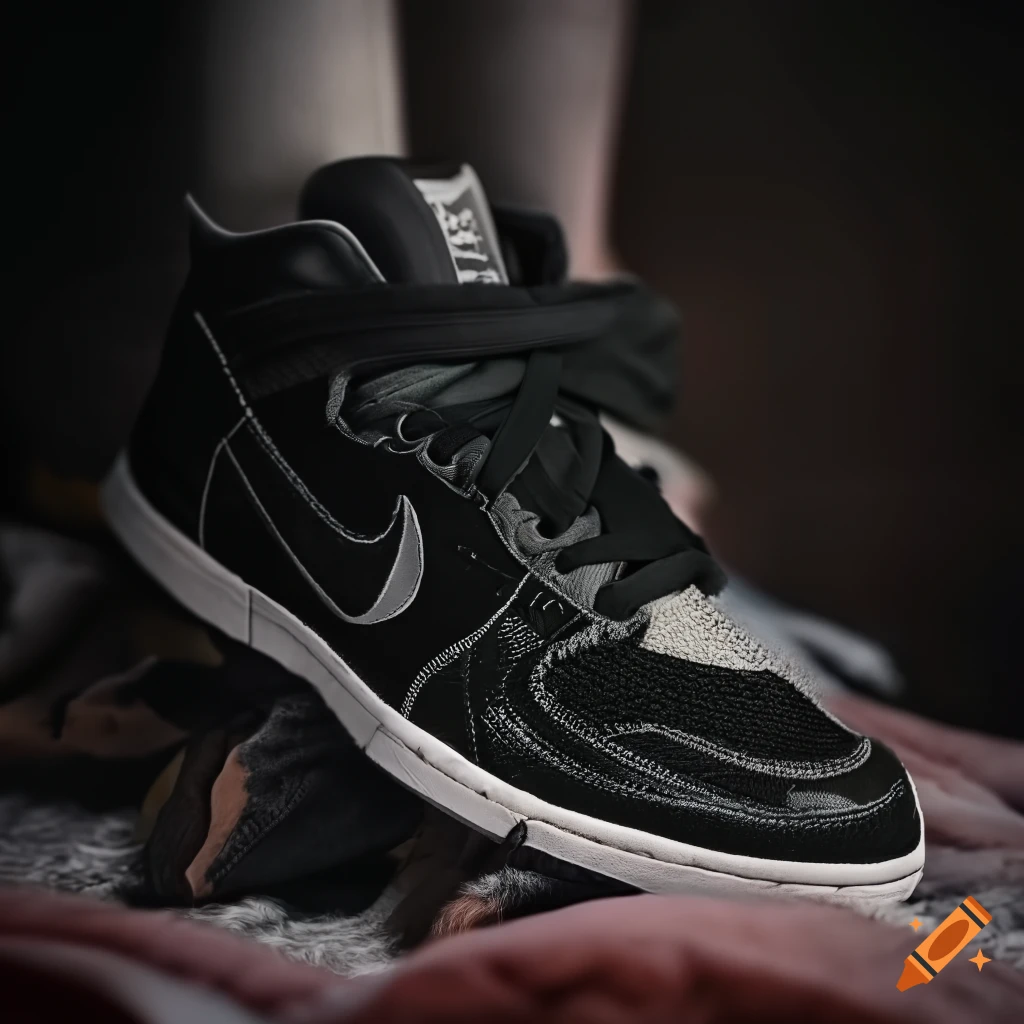 Close-up of black jako pants and white nike dunk mid shoes on a messy ...