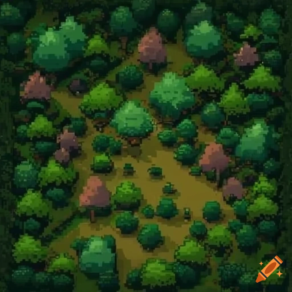 Aerial view of a pixel art fantasy forest on Craiyon