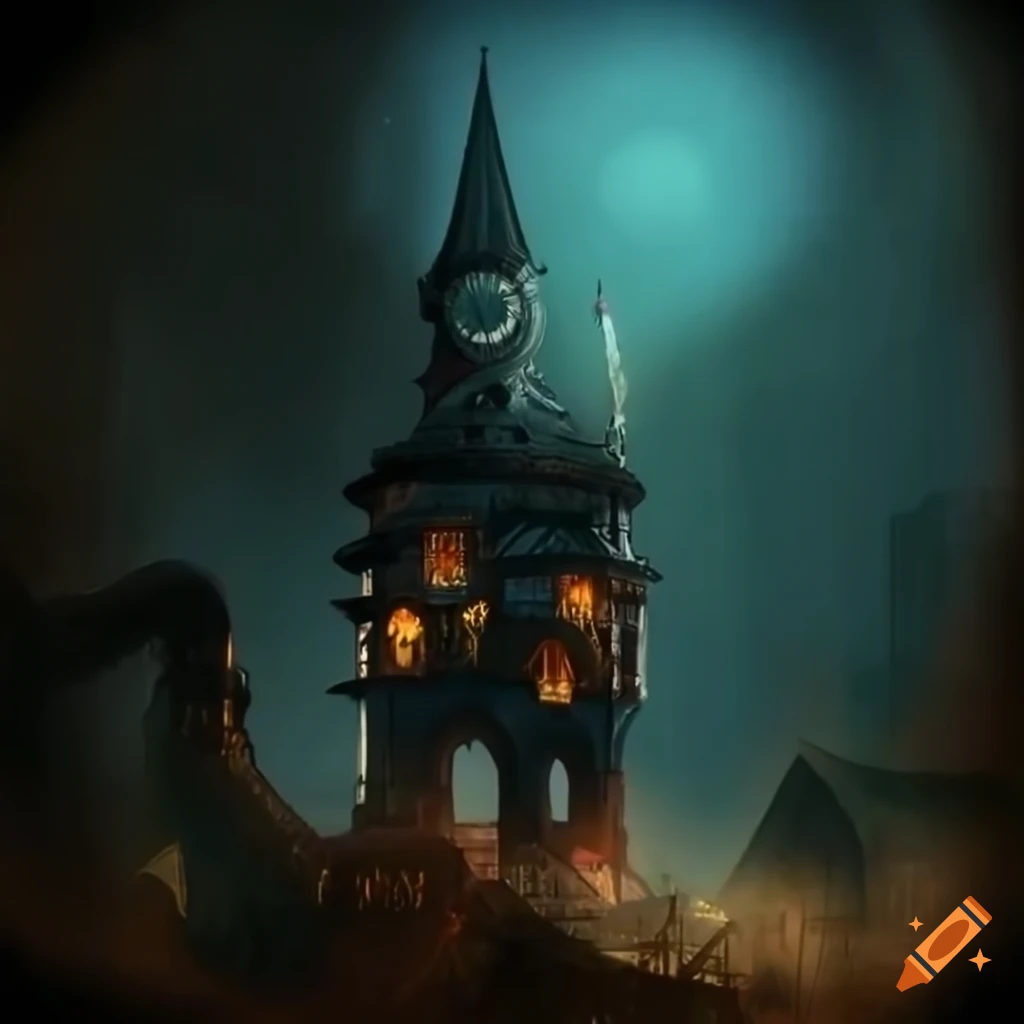 Burning steampunk clockwork tower in the midnight river on Craiyon