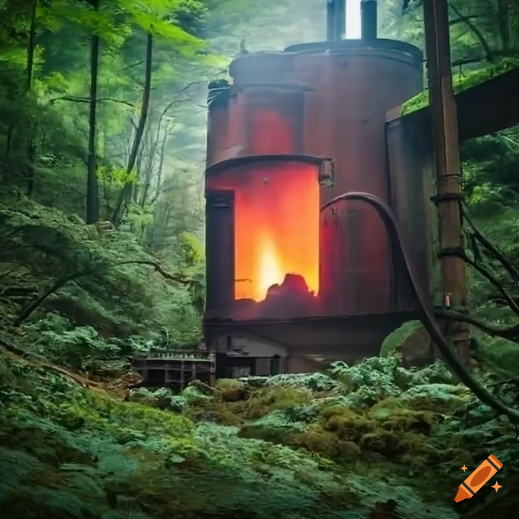 Steel furnace amidst a green forest on Craiyon
