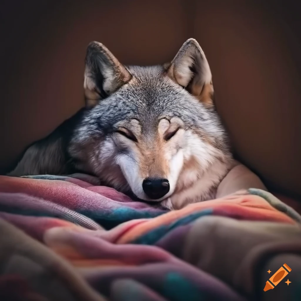 Image of a sleeping silver wolf on a patchwork blanket on Craiyon