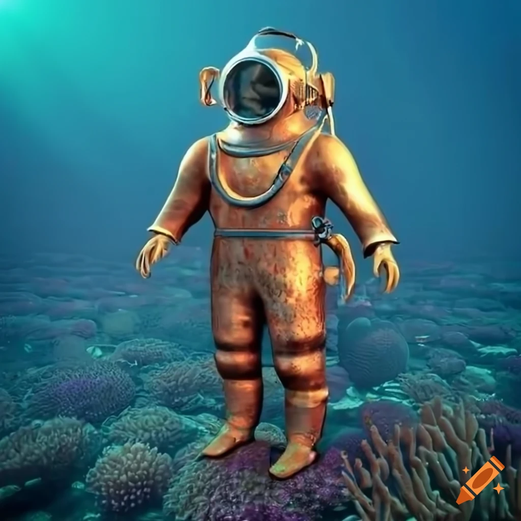 3d rendering of an old diving suit surrounded by colorful corals on Craiyon