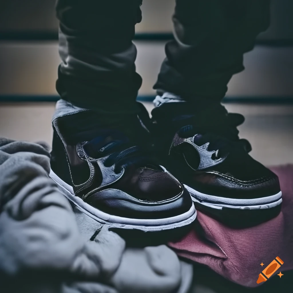 Close-up of dirty nike dunk mid sneakers on a messy blanket on Craiyon